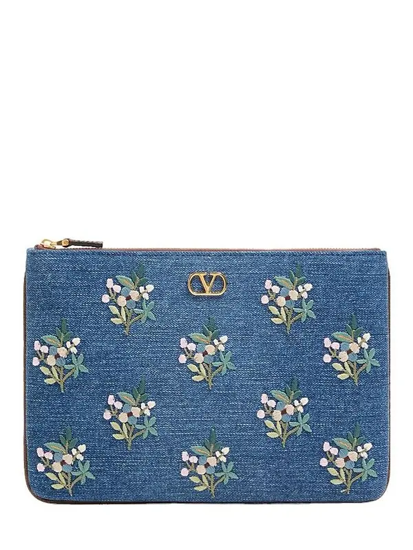 Valentino Garavani Floral Embroidered Denim Pouch - Multi