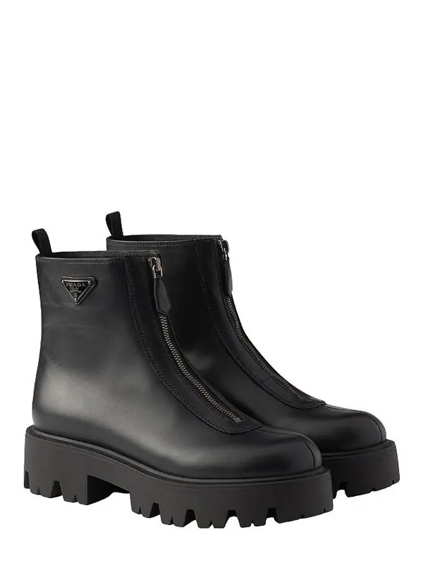 Prada Leather Zip Up Booties - Black