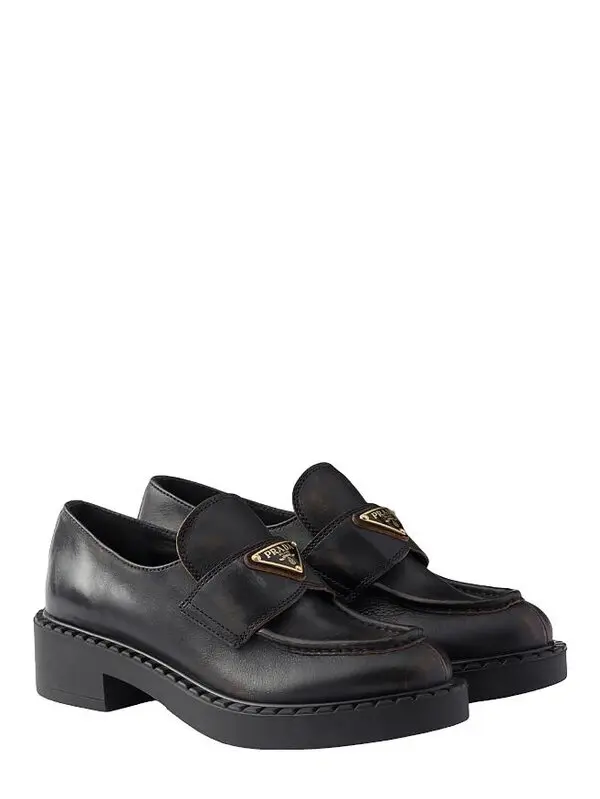 Prada Chocolate Antiqued Leather Loafers - Black
