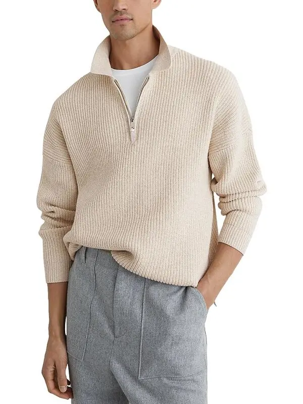 REISS Long Sleeve Half Zip Ribbed Polo Shirt - Oatmeal Melange