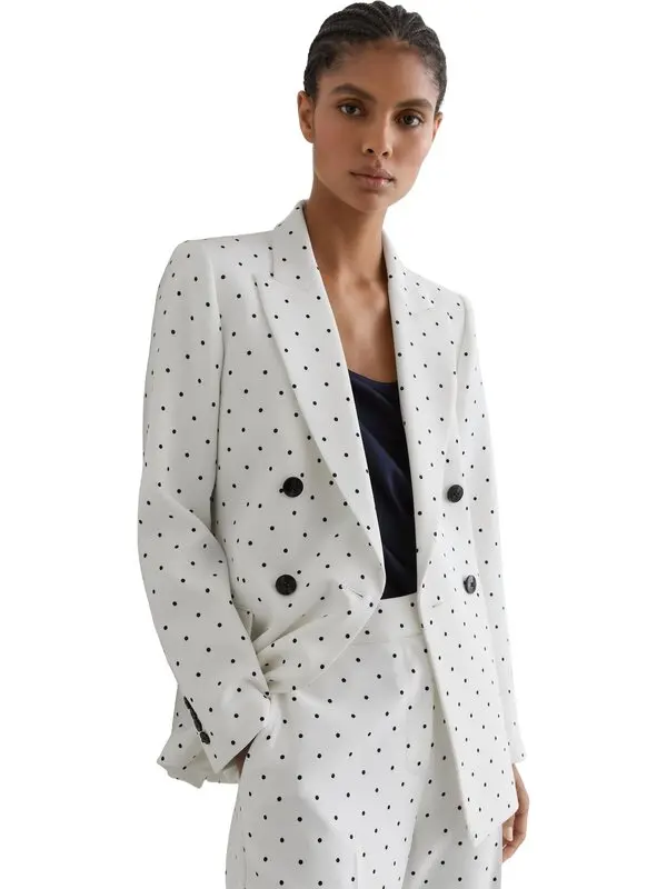 REISS Beatrix Polka-dot Double-breasted Blazer - White/navy