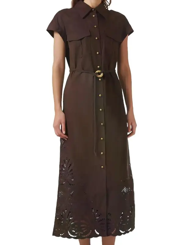 Clea Kya Embroidered Midi Dress - Brown