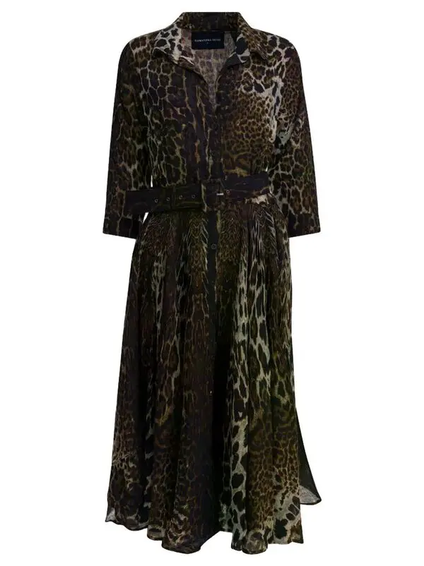 Samantha Sung Leopard Print Belted Midi Dress - Brown