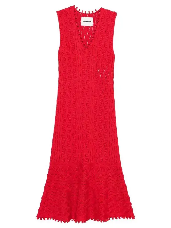 JIL SANDER Pom-pom V-neck Midi Dress - Red