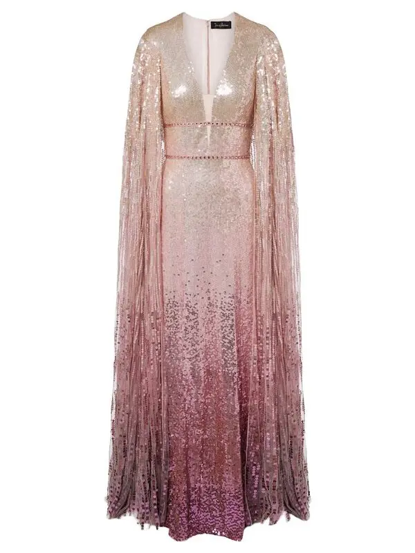 Jenny Packham Sequin Embellished Caped Gown - Pink