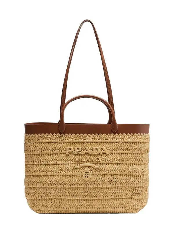 Prada Raffia Tote Bag With Leather Trim - Beige