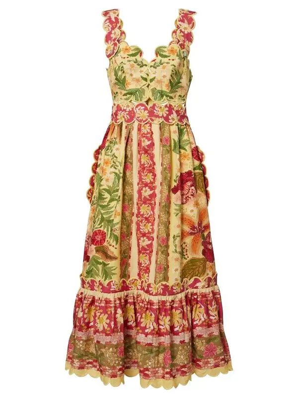 Farm Rio Stitched Garden Floral Linen-blend Midi Dress - Yellow