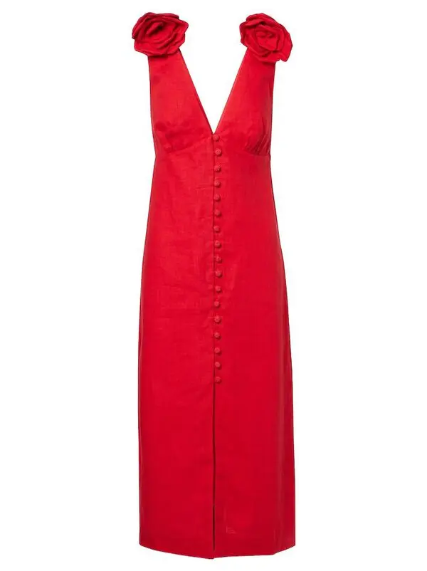 Farm Rio Floral-appliqué Linen Midi Dress - Red