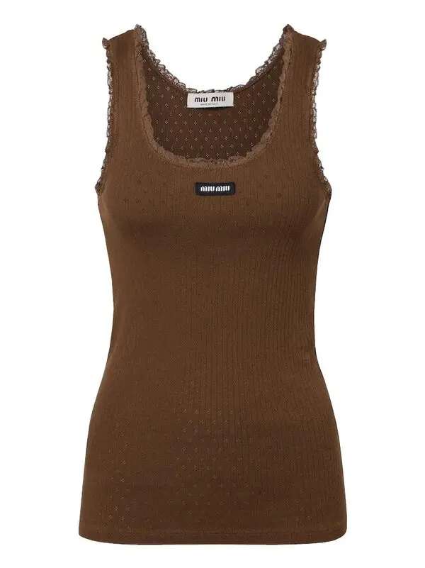Miu Miu Lace-trimmed Pointelle Cotton Tank Top - Brown