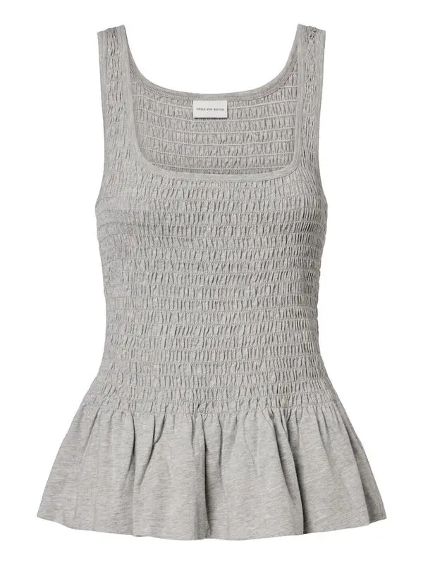 Dries Van Noten Smocked Cotton Peplum Top - Grey