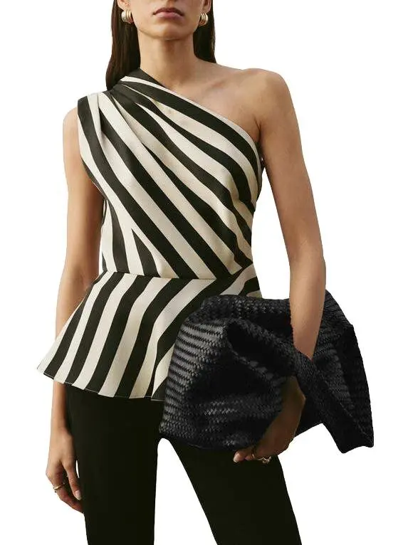 Mango Stripe One-shoulder Peplum Top - Ecru