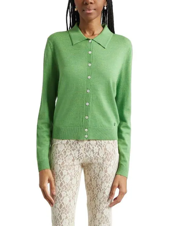Sandy Liang Ley Merino Wool Cardigan - Heather Green