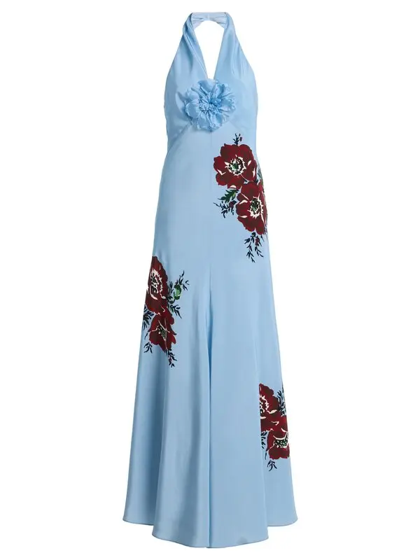 RODARTE Floral Silk Crepe Maxi Halter Dress - Blue