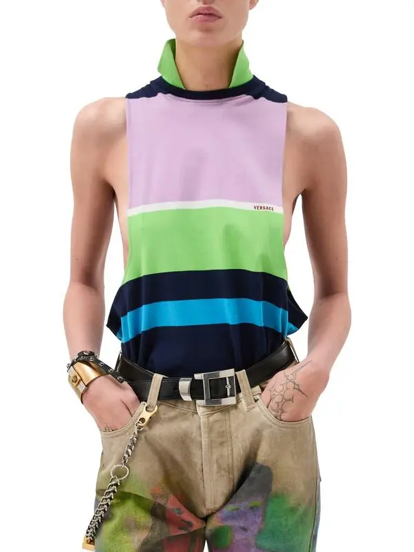 Versace Stripe Cotton Jersey Tank - Bright Pink Green Azur Blue