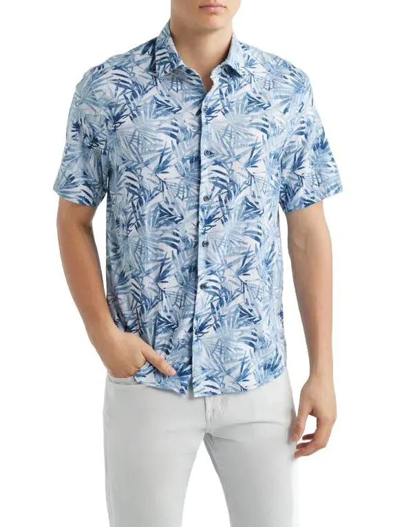 Robert Barakett Keneth Leaf Print Short Sleeve Stretch Cotton Button-up Shirt - Washed Blue