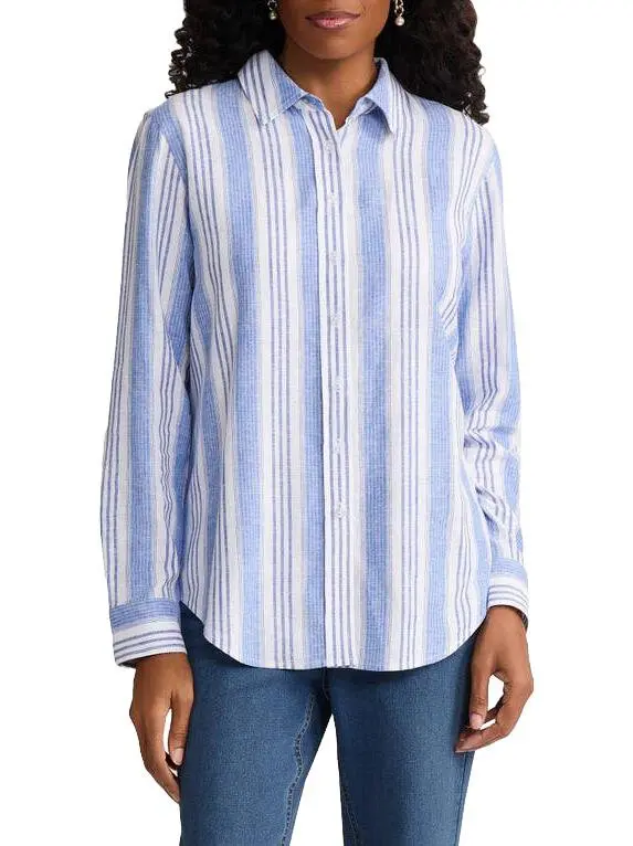 Jones New York Oversized Linen Blend Button-up Shirt - Natural White/light Sapphire