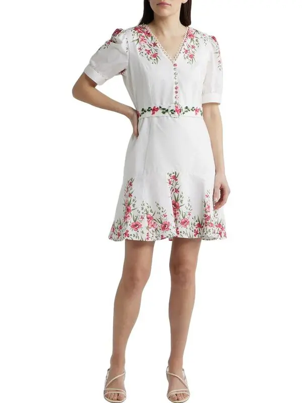 CECE DUPRAZ Floral Belted Puff Sleeve Midi Dress - Ultra White
