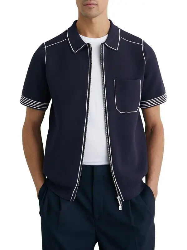 REISS Blake Piped Zip Shirt - Navy