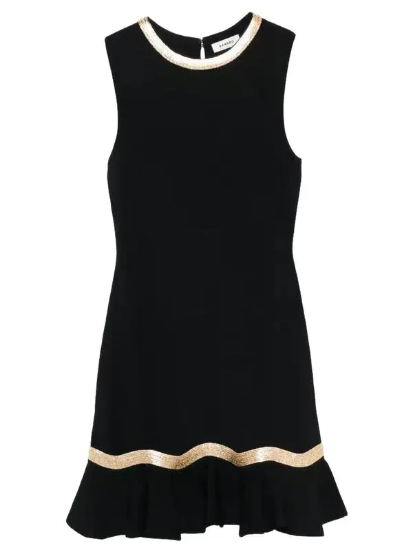 Sandro Knit Mini Dress With Metal Chain Trim And Ruffled Hem - Black
