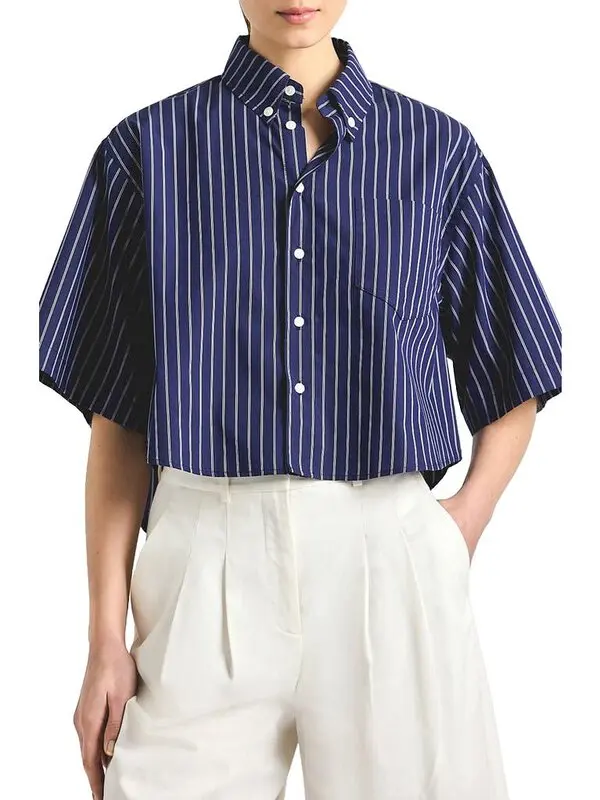 Derek Lam 10 Crosby Ember Cropped Button-down Shirt - Dark Navy Stripe