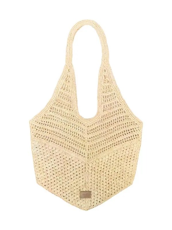 Maje Raffia Crocheted Tote Bag With Chevron Pattern And Leather Patch - Neutrals