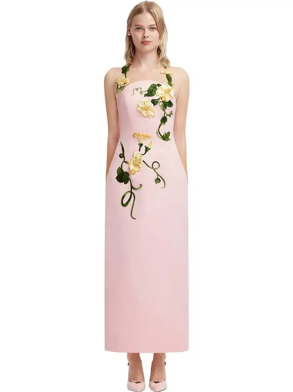 LEO LIN Ava Halterneck Appliqué Floral Bustier Maxi Dress - Vine Print In Pink