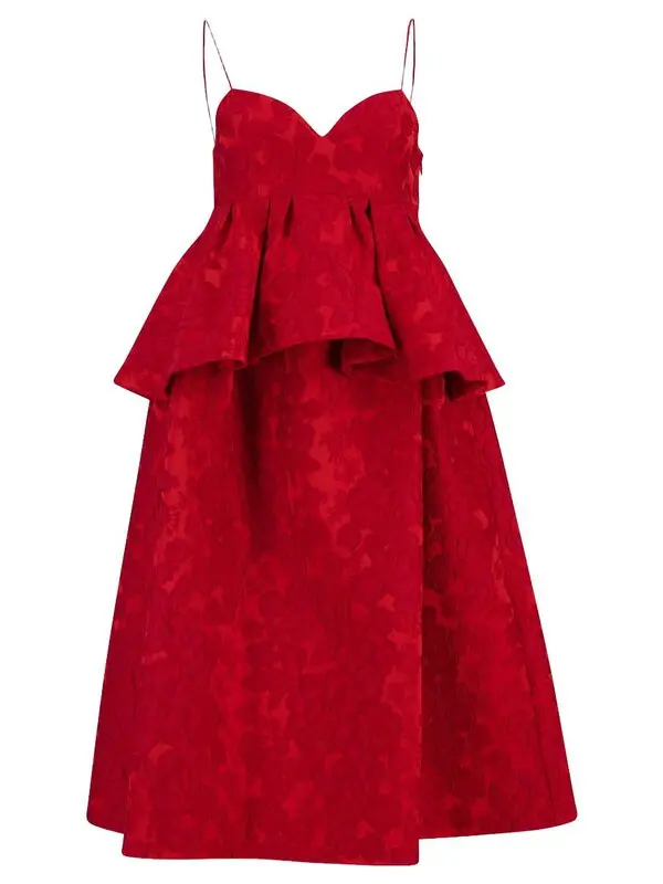 La DoubleJ Peony Satin Peplum Midi Dress - Red