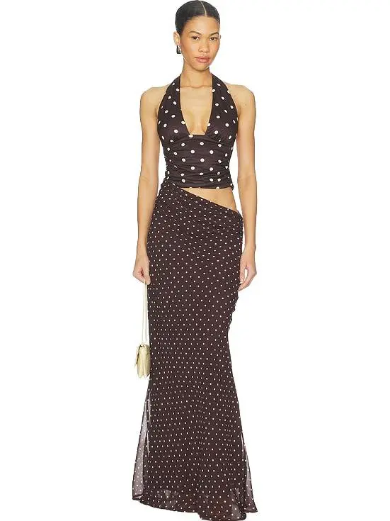 RUNAWAY THE LABEL Valeria Halter Cutout Maxi Dress - Choc Lemon Polka