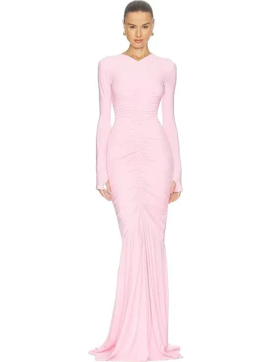 Norma Kamali Long Sleeve Shirred Fishtail Gown - Ballet Pink
