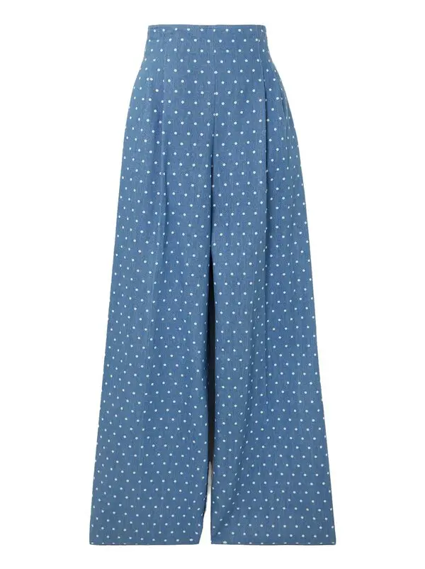 Carolina Herrera Marisol Pleated Polka-dot Wide Leg Jeans - Blue