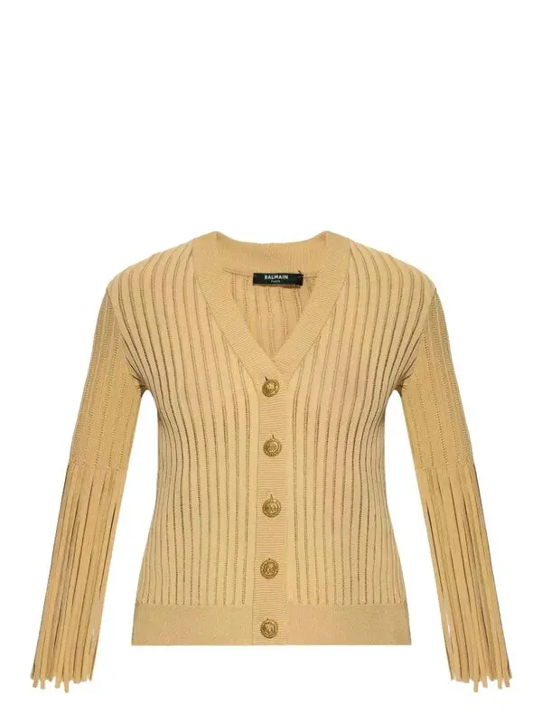 Balmain Buttoned Cardigan With Fringed Sleeves - Neutrals