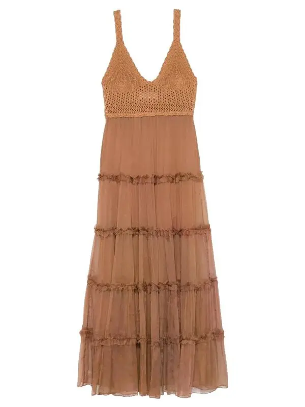 ERMANNO FIRENZE Crochet Ruffled Maxi Dress - Brown