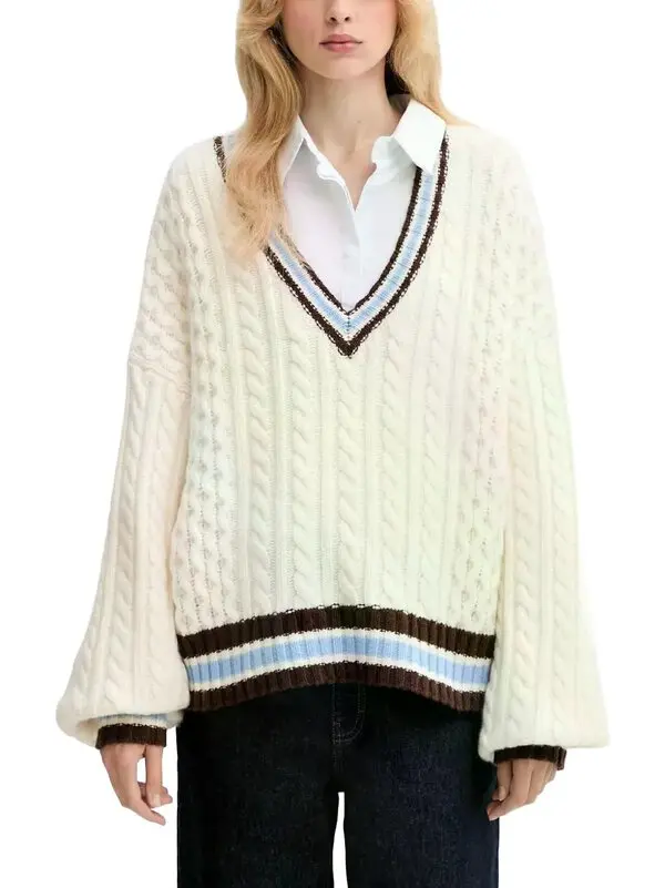 GESTUZ Cable-knit Striped V-neck Sweater - Neutrals