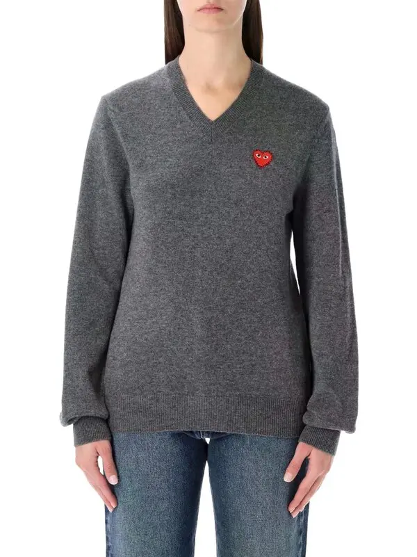 Play Comme Des Garcon Logo-detail V-neck Wool Sweater - Grey