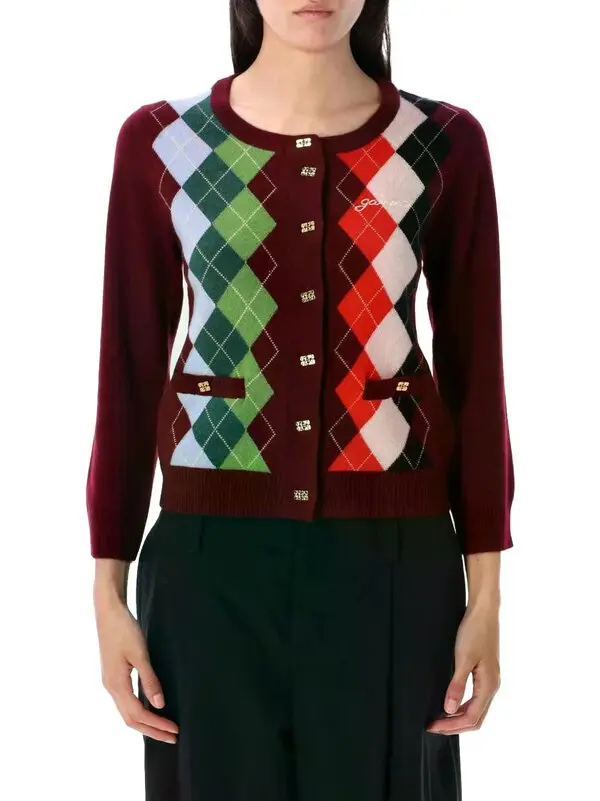GANNI Argyle Knit Cardigan - Red