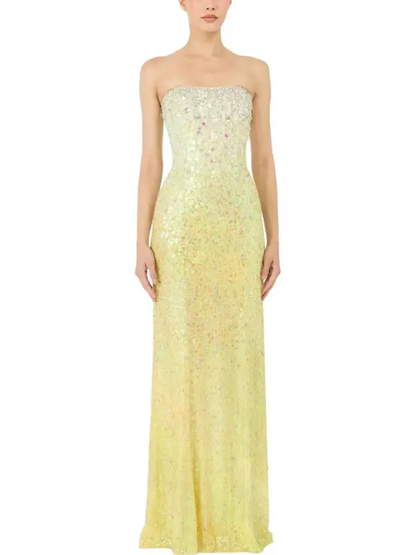 Jenny Packham Sequin Embellished Strapless Maxi Dress - Yellow
