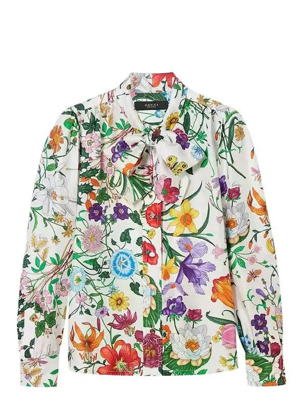 Gucci Floral-print Self-tie Bow Shirt - White