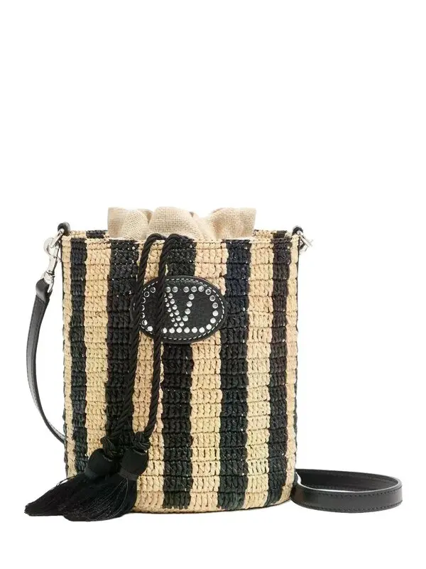 Valentino Garavani Small Striped Raffia Bucket Bag - Neutrals