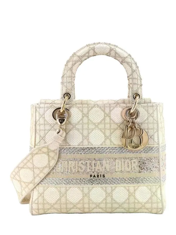 Dior Lady D-lite Crystal Cannage Embroidered Canvas Medium Shoulder Bag - Neutrals