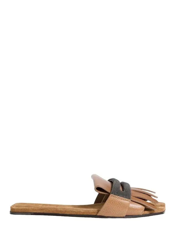 Brunello Cucinelli Bead-embellished Fringed Leather Slides - Camel