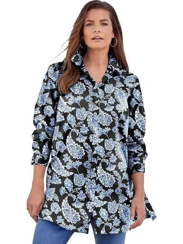 ROAMAN'S Kate Long-sleeve Cotton-blend Button-front Tunic - Black Blue Paisley