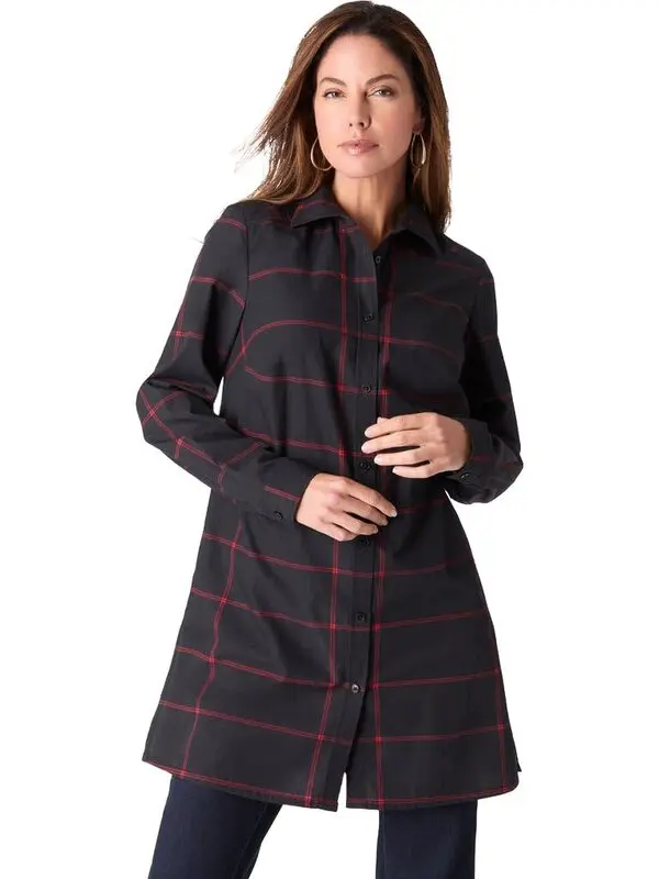 ROAMAN'S Kate Long-sleeve Cotton-blend Button-front Tunic - Black Windowpane