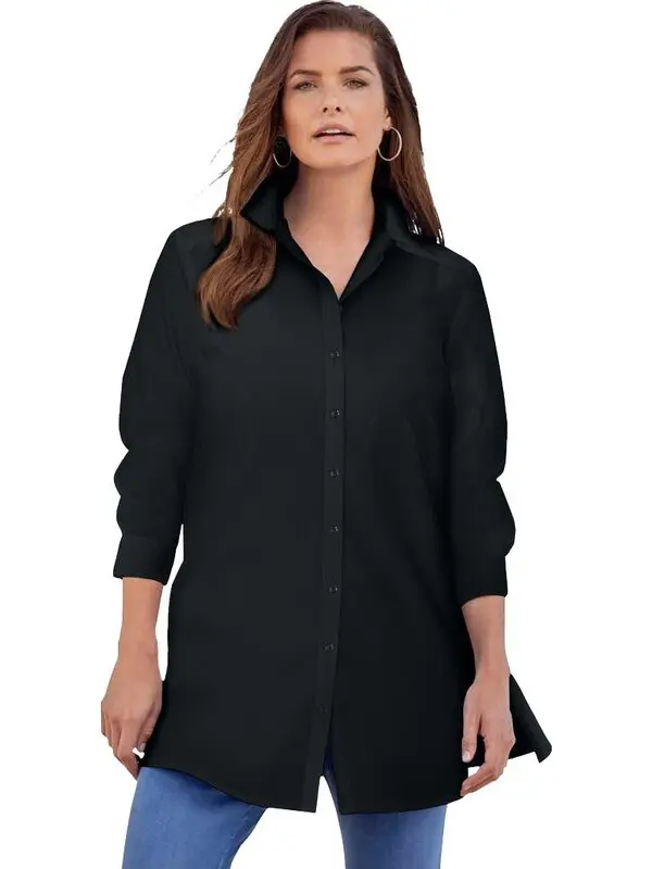 ROAMAN'S Kate Long-sleeve Cotton-blend Button-front Tunic - Black