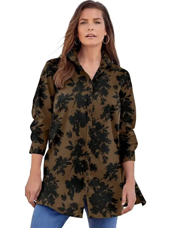 ROAMAN'S Kate Long-sleeve Cotton-blend Button-front Tunic - Brown Black Silhouette