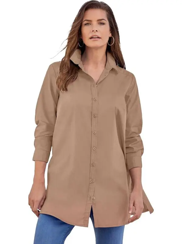 ROAMAN'S Kate Long-sleeve Cotton-blend Button-front Tunic - Brown Sugar
