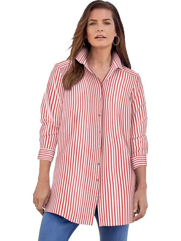ROAMAN'S Kate Long-sleeve Cotton-blend Button-front Tunic - Coral Red Stripe