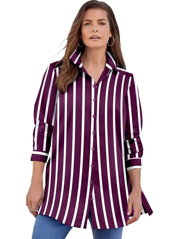 ROAMAN'S Kate Long-sleeve Cotton-blend Button-front Tunic - Dark Berry Stripe