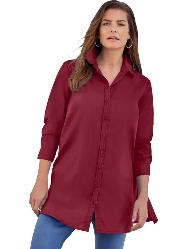 ROAMAN'S Kate Long-sleeve Cotton-blend Button-front Tunic - Dark Cherry