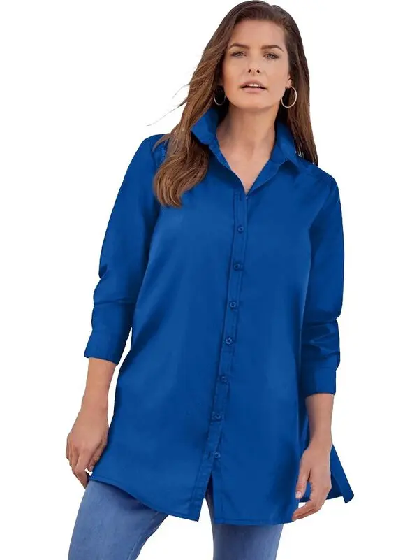 ROAMAN'S Kate Long-sleeve Cotton-blend Button-front Tunic - Dark Sapphire