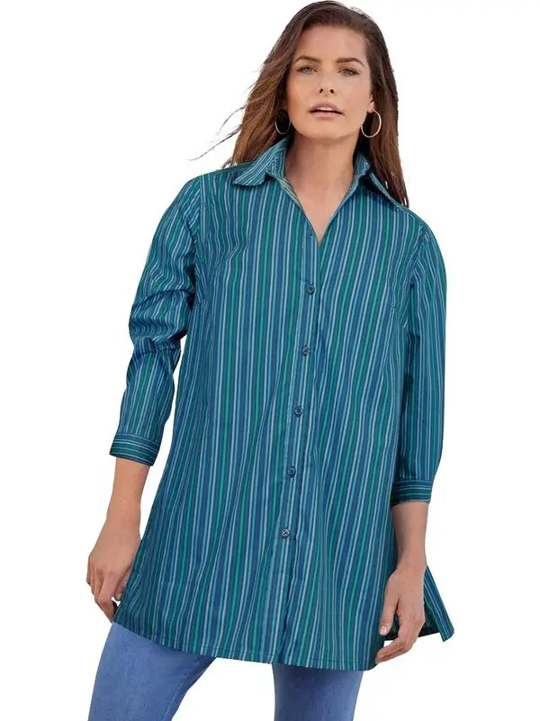 ROAMAN'S Kate Long-sleeve Cotton-blend Button-front Tunic - Deep Teal Multi Stripe